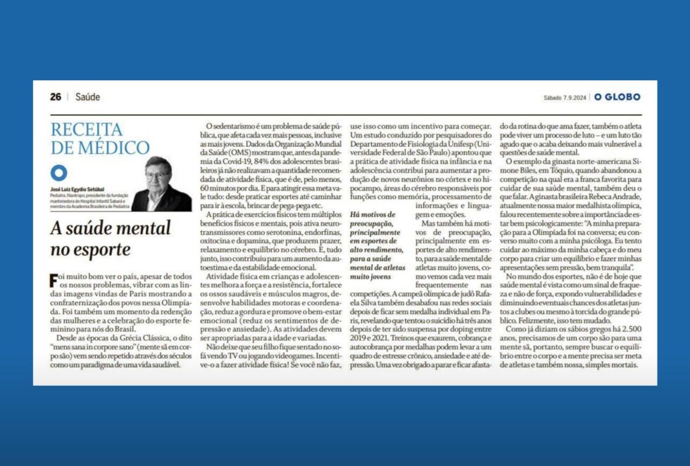 A saúde mental no esporte - O Globo - Fundação José Luiz Egydio Setúbal